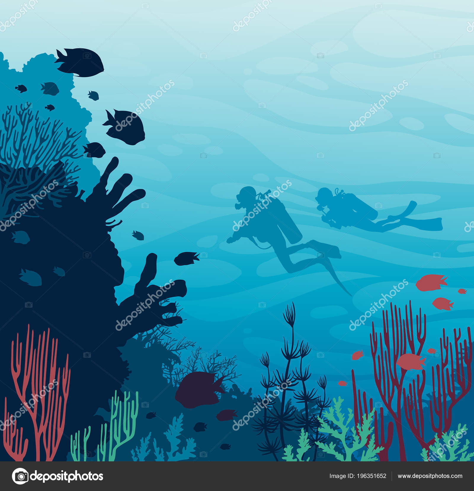 Silhouette Two Scuba Divers Swimming Coral Reef Sea Creatures Blue ... Silhouette Two Scuba Divers Swimming Coral Reef Sea Creatures Blue ...