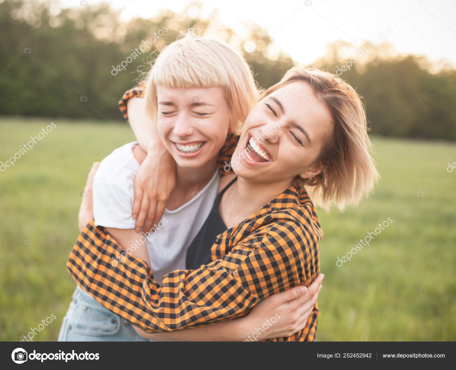 Two Best Friends Hugging Laughing Outdoors Stock Photo by ©Dima ...
