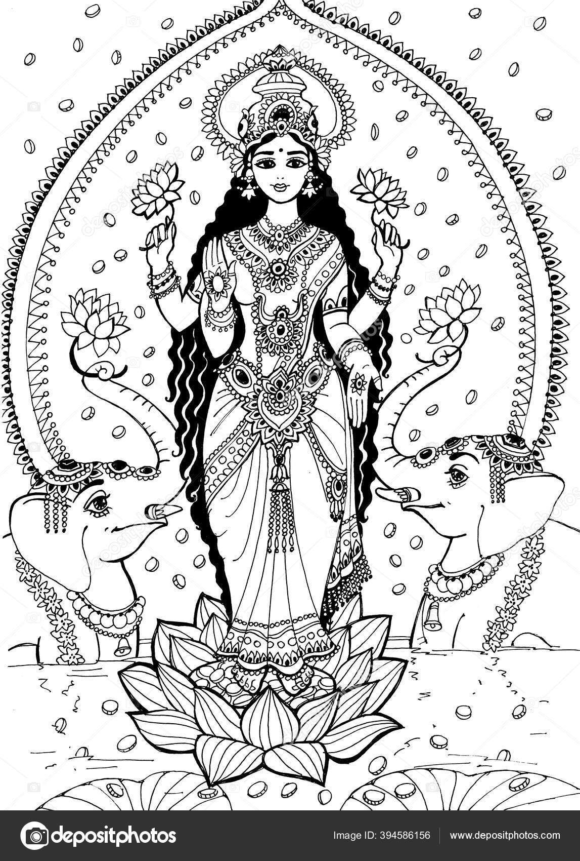 Goddess Lakshmi Stands Lotus Flower Two Elephants Located Side Goddess ...