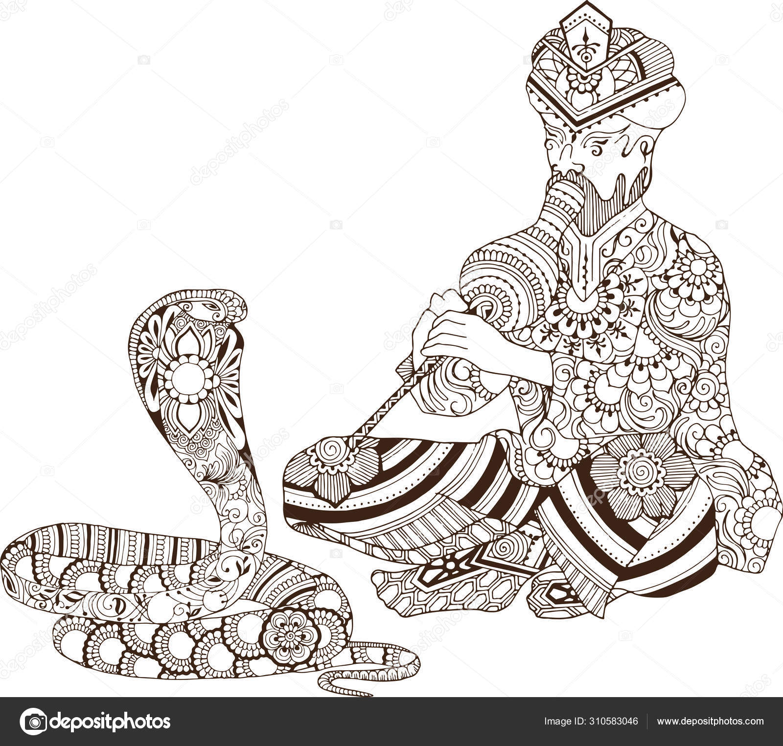 Snake Charmer Silhouette Man Playing Pungi Snake Drawn Style Indian ...