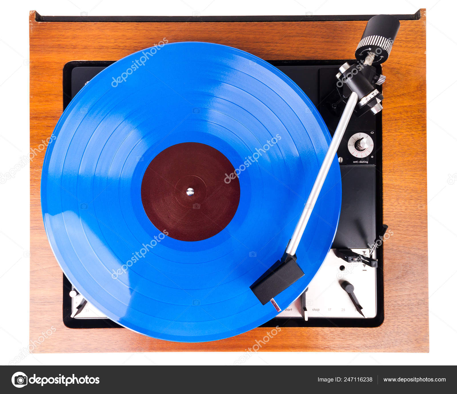 Vintage Turntable Blue Vinyl Isolated White Wooden Plinth Retro Audio ...