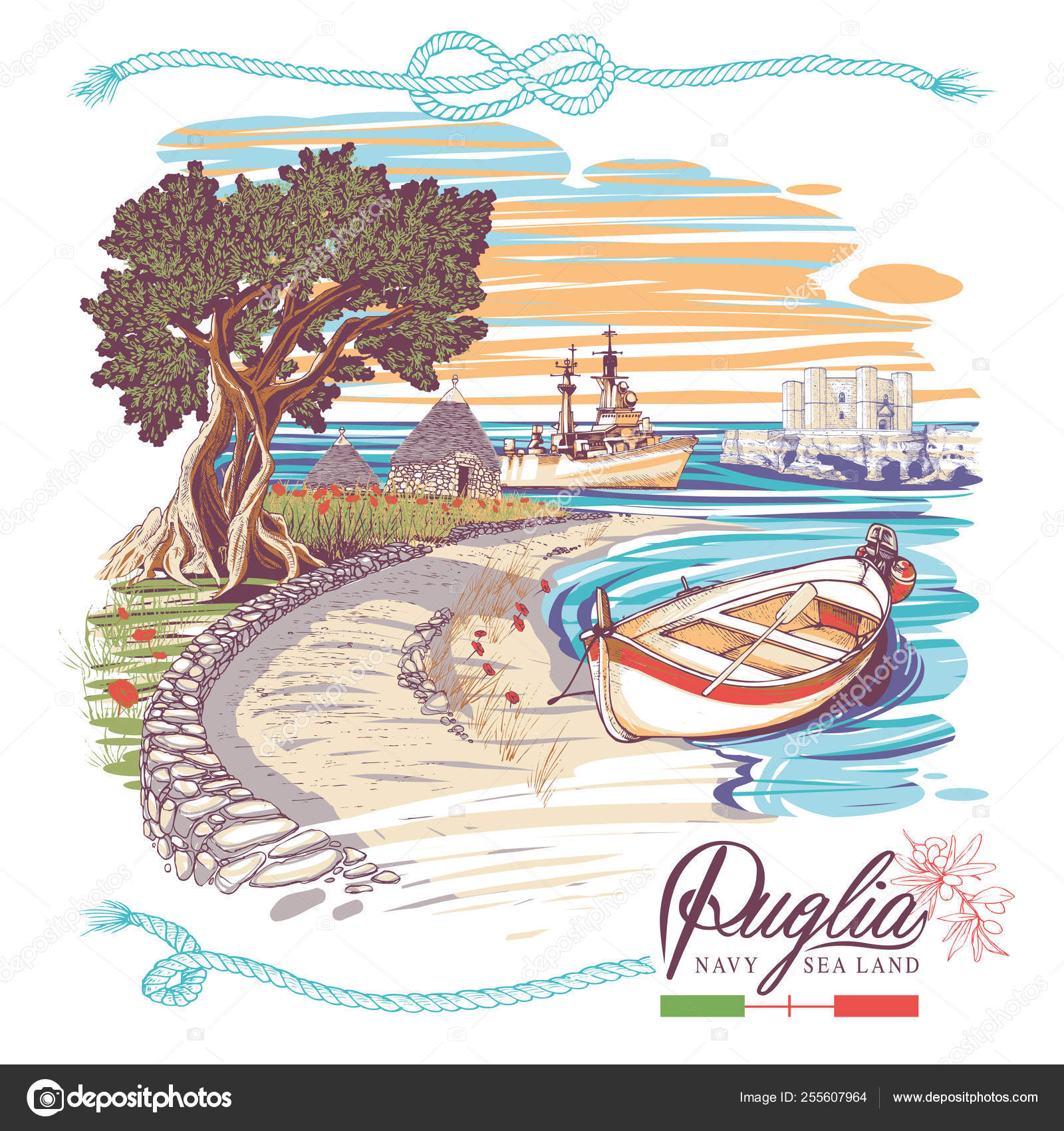 Puglia Italy Nautical Land Graphic Background Vector Illustration Stock ...