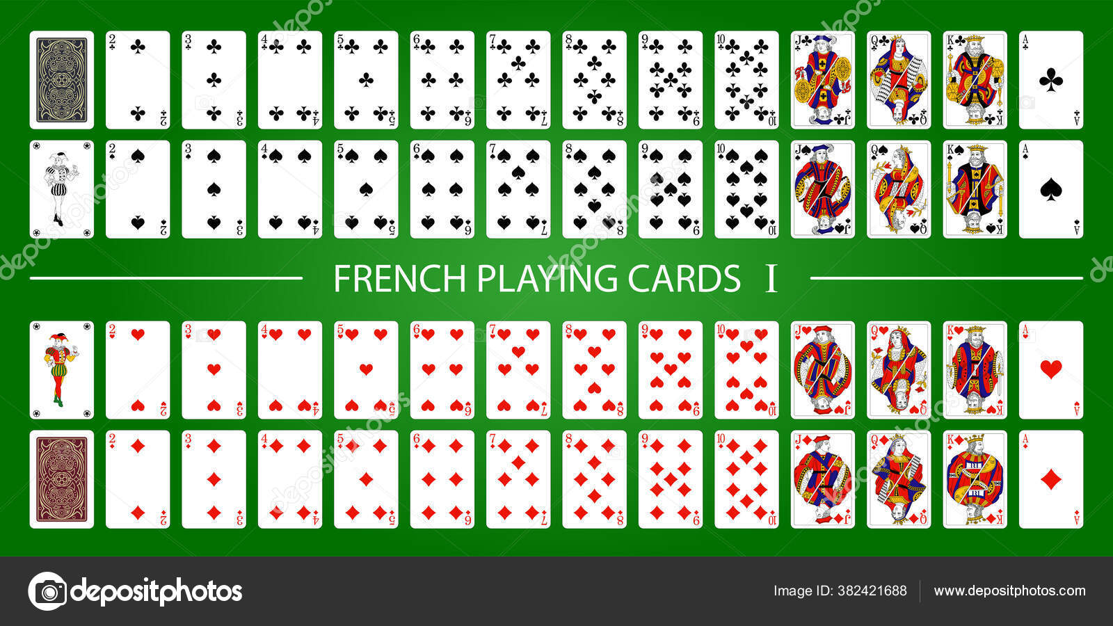 Poker Set Isolated Cards Green Background French Playing Cards Jokers ...