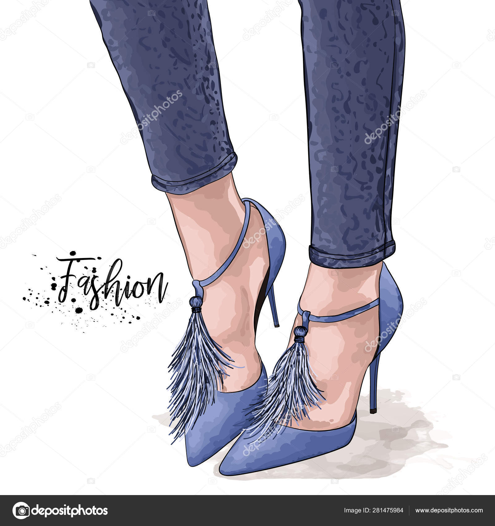 Hand drawn beautiful female legs. Stylish women blue shoes and j Stock ...