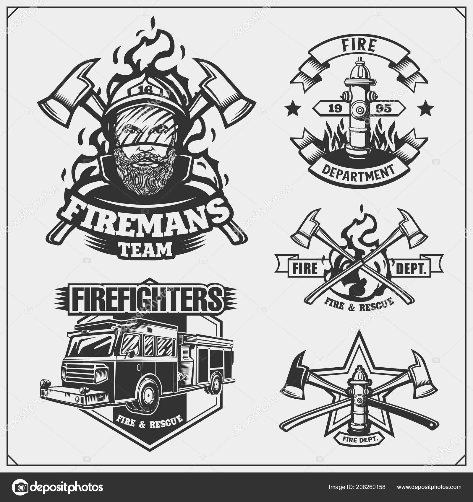 Set Firefighter Emblems Labels Design Elements Vector Monochrome ...