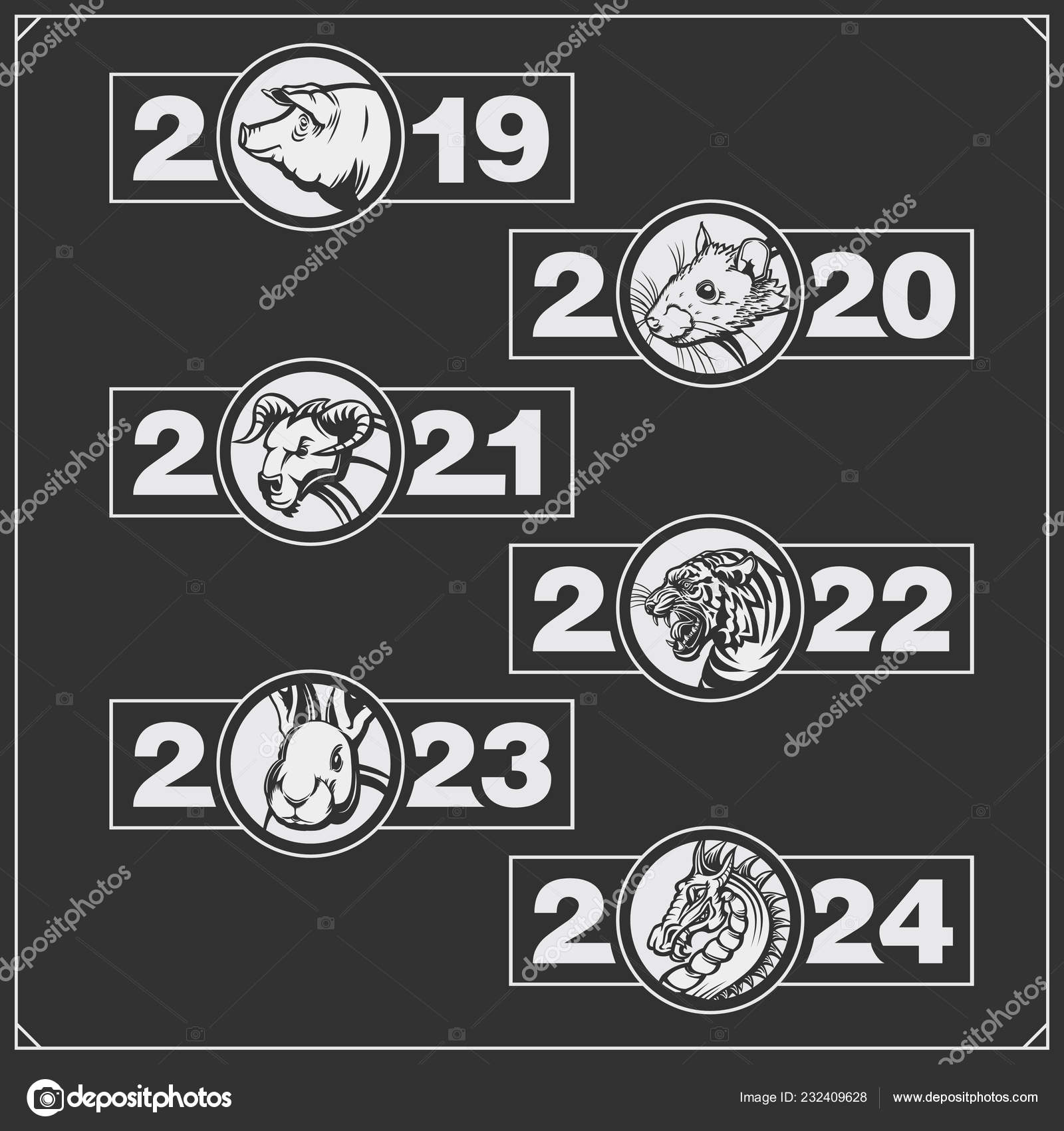 Chinese Years Zodiac Calendar Animals Pig Rat Bull Tiger Rabbit Stock ...