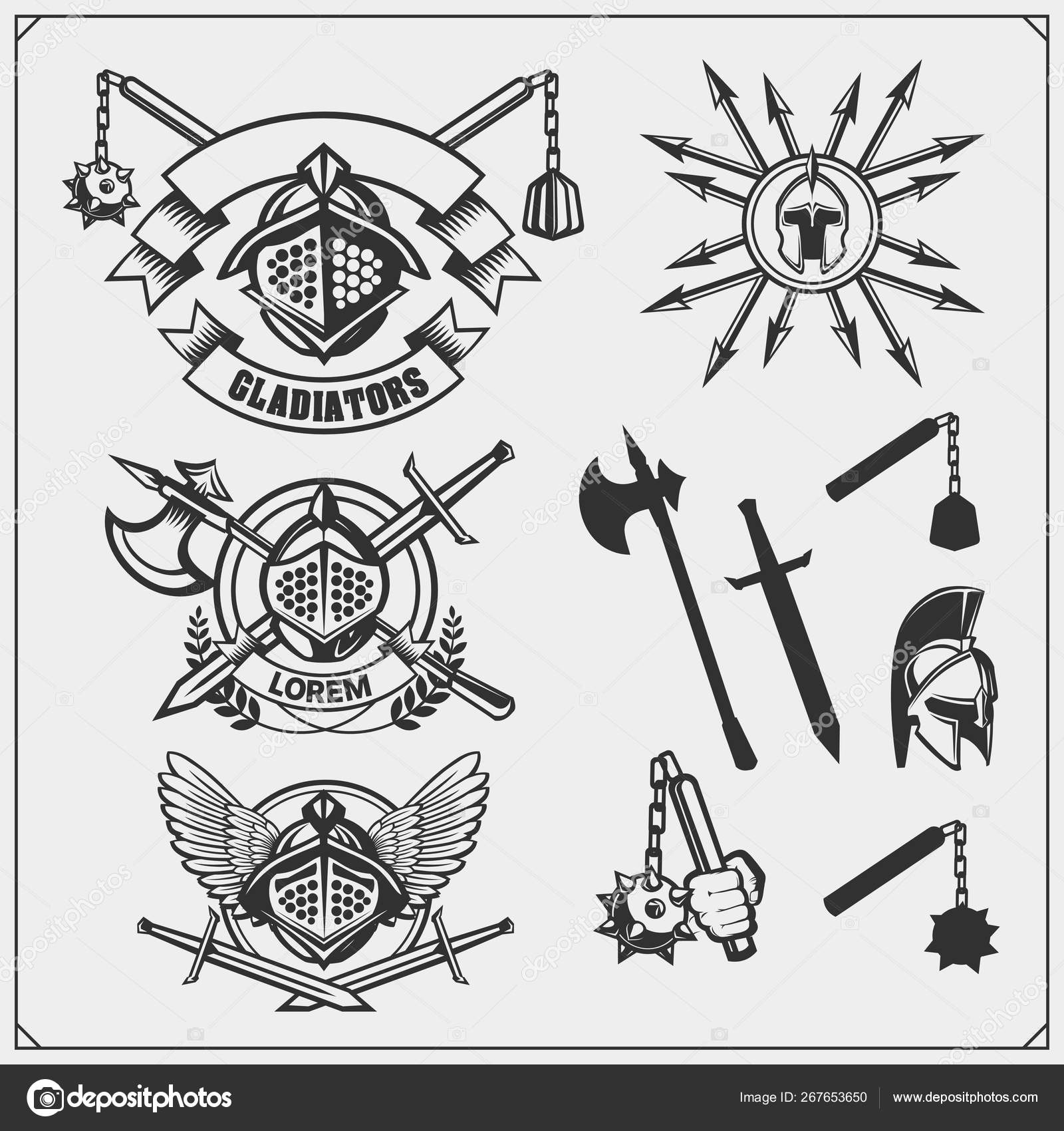 Set Ancient Warrior Emblems Labels Design Elements Gladiator Spartan ...