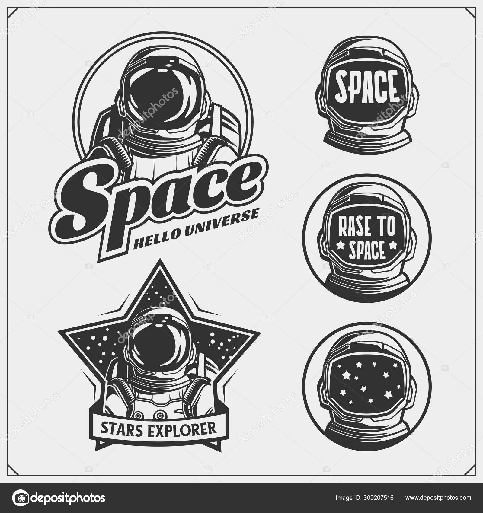 Space Astronaut Emblems Labels Design Elements Vintage Style Monochrome ...