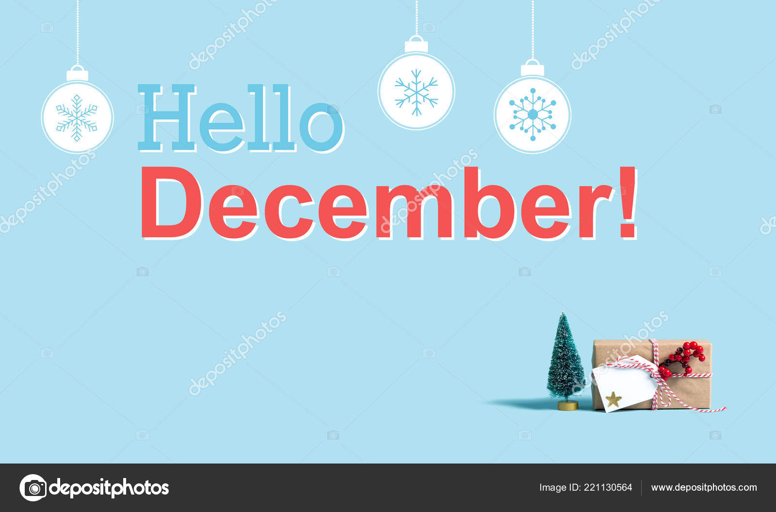 Hello December message with Christmas gift box and tree Stock ...