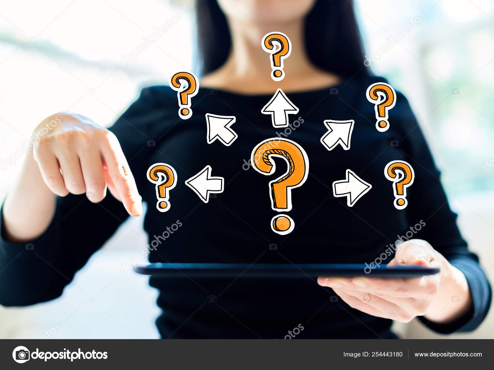 Big and small question marks with arrows with woman using tablet Stock ... Big and small question marks with arrows with woman using tablet Stock ...