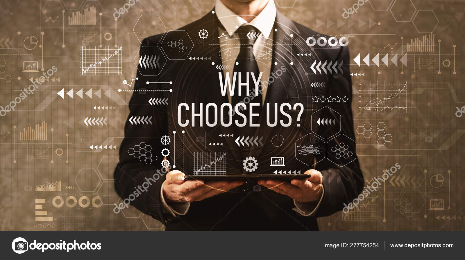 Why choose us with businessman holding a tablet computer — Stock Photo ...