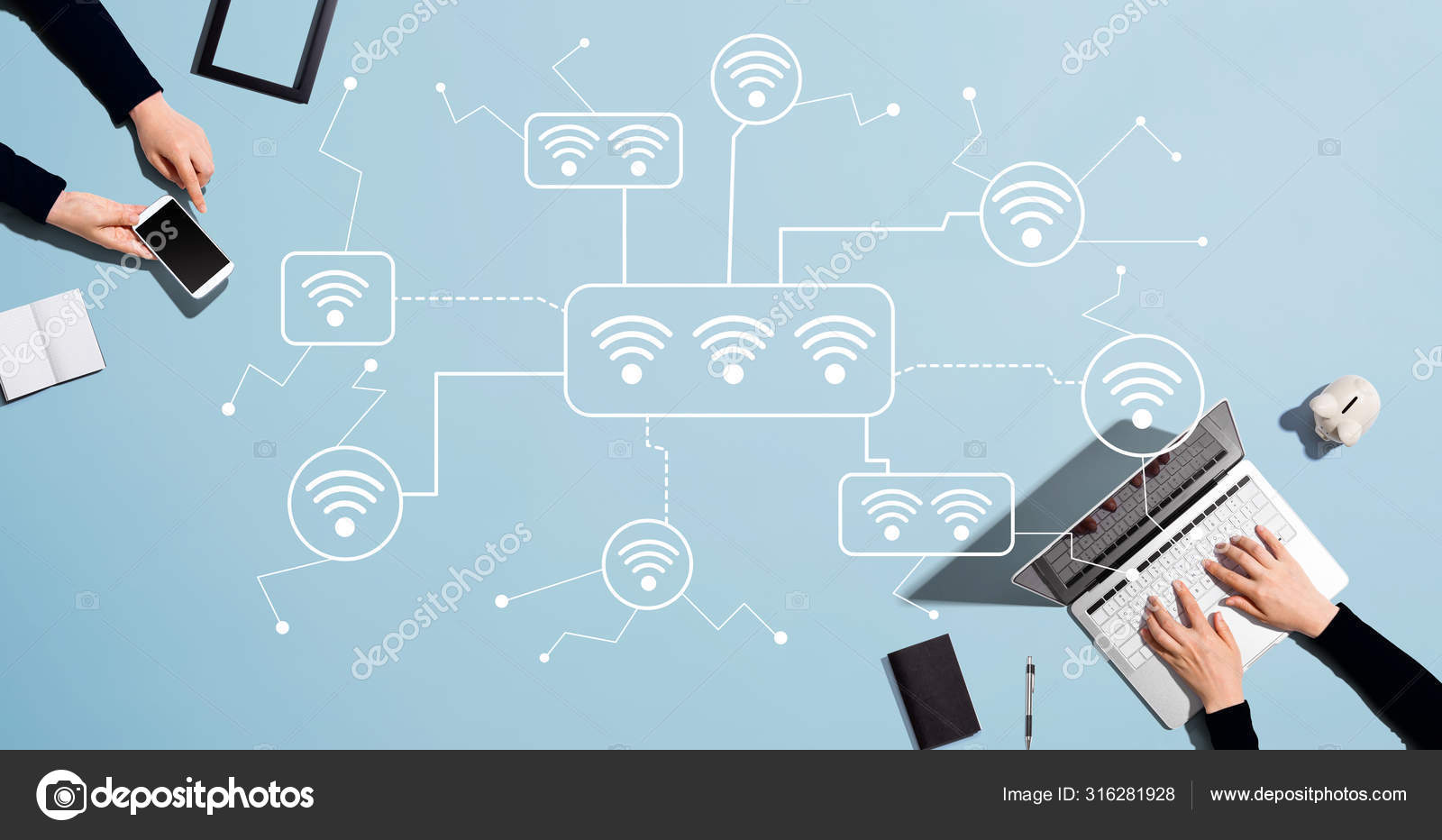 Wifi theme with people working together Stock Photo by ©Melpomene 316281928