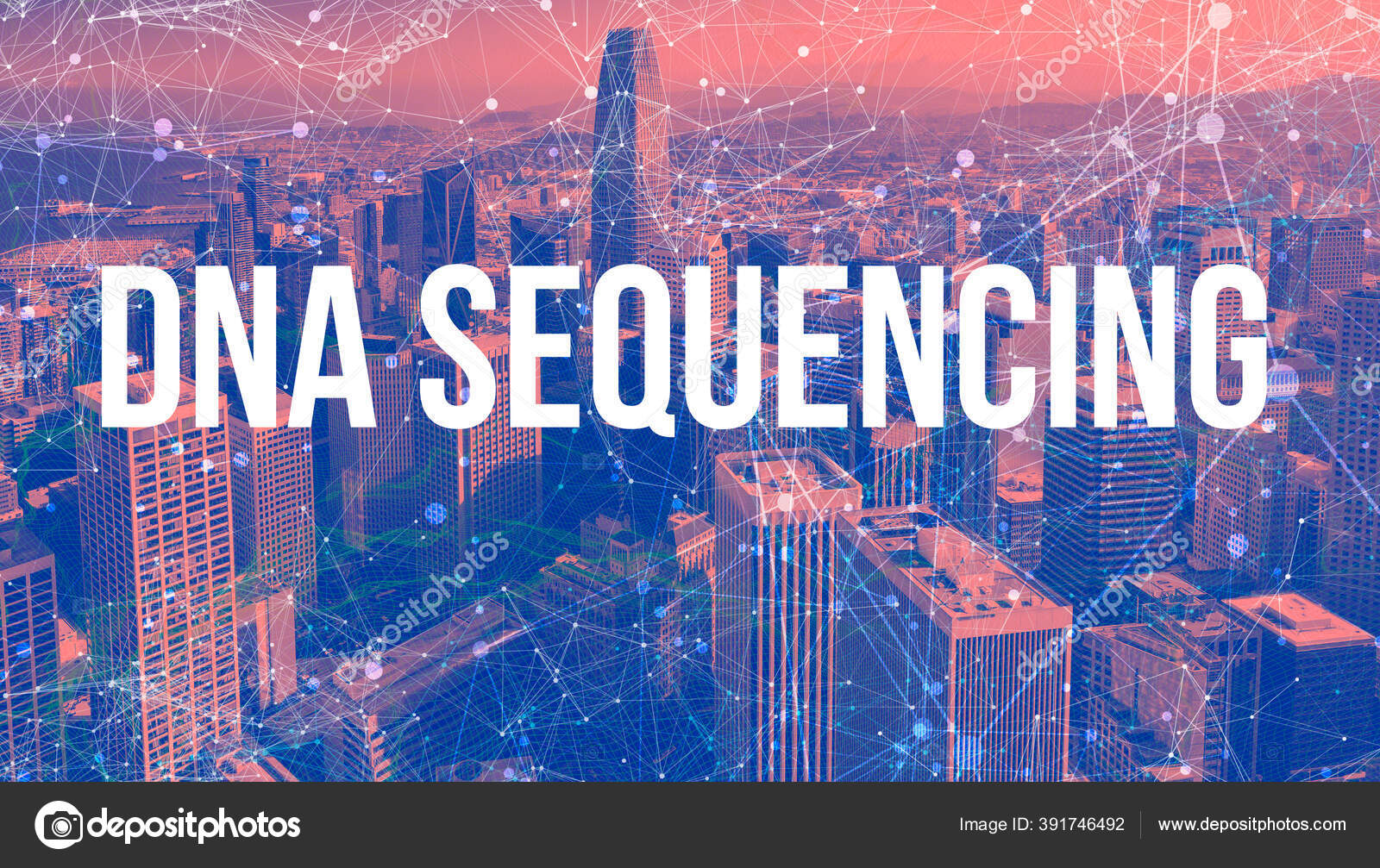 DNA Sequencing theme with abstract network patterns and skyscrapers ...