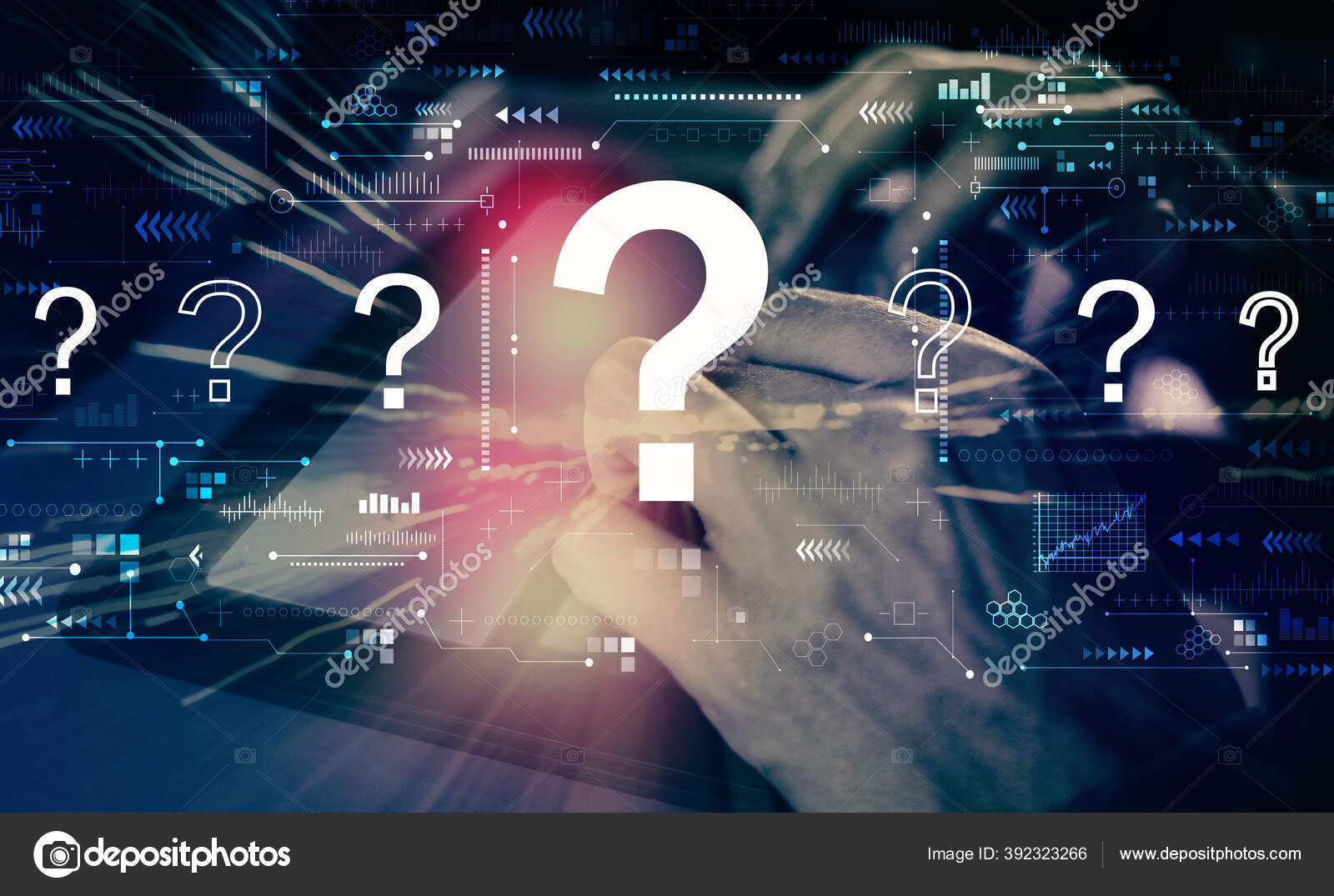 Question marks with man using tablet — Stock Photo © Melpomene #392323266