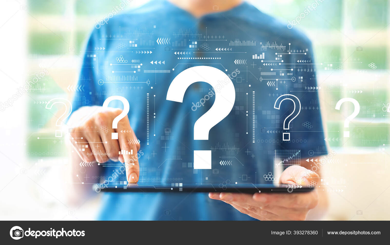 Question marks with man using a tablet Stock Photo by ©Melpomene 393278360