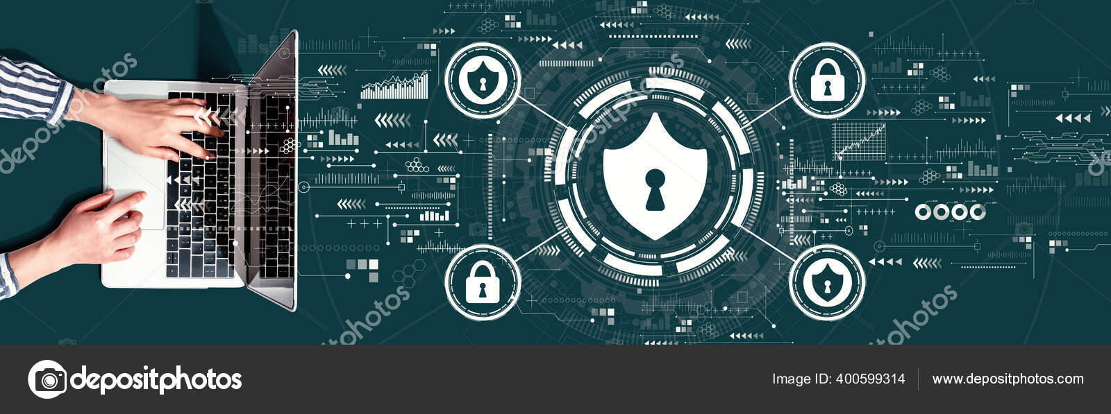 Tema de seguridad cibernética con la persona que utiliza un ordenador ...