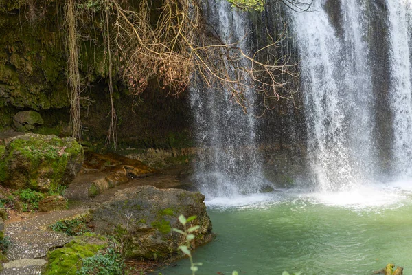 picturesque landscape of big waterfall with clean water - Stock Image ...