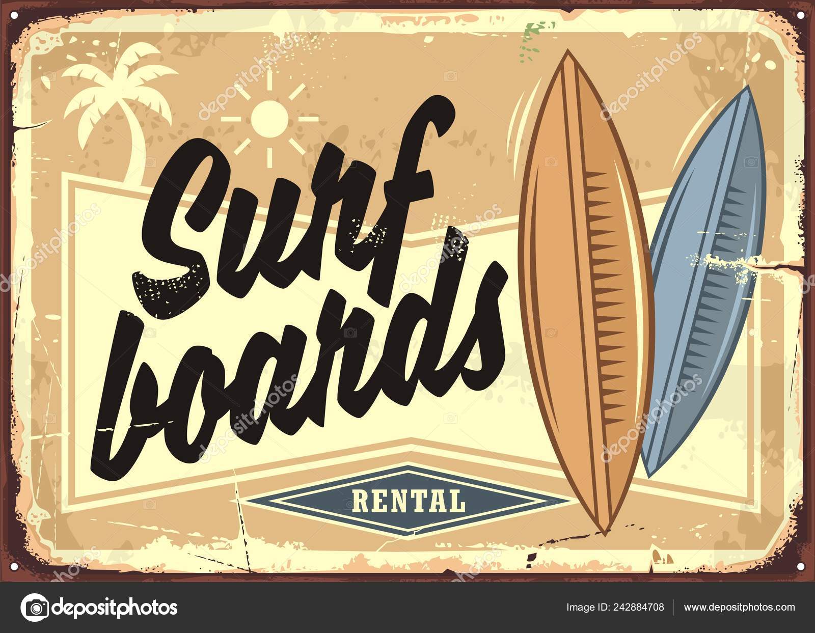 Surf Boards Rental Retro Beach Sign Layout Sand Surfing Sea Stock ...