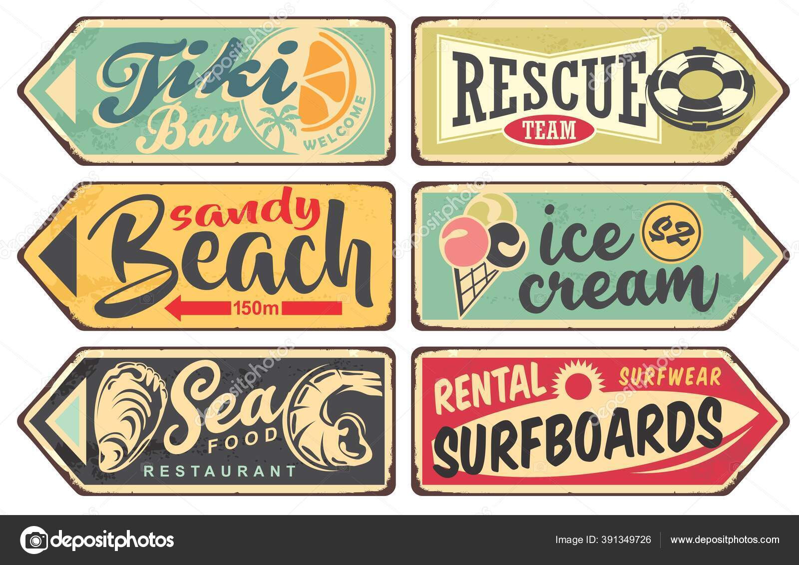 Summer Signs Vintage Collection Tiki Bar Beach Sea Food Ice Stock ...