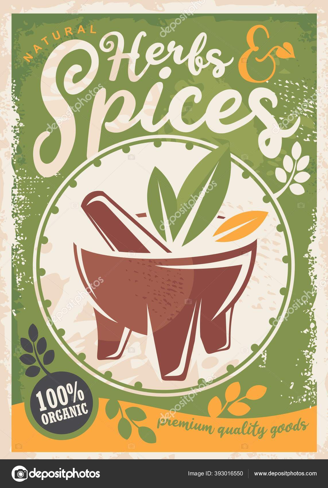Herbs Spices Poster Design Green Background Retro Vector Sign Natural ...