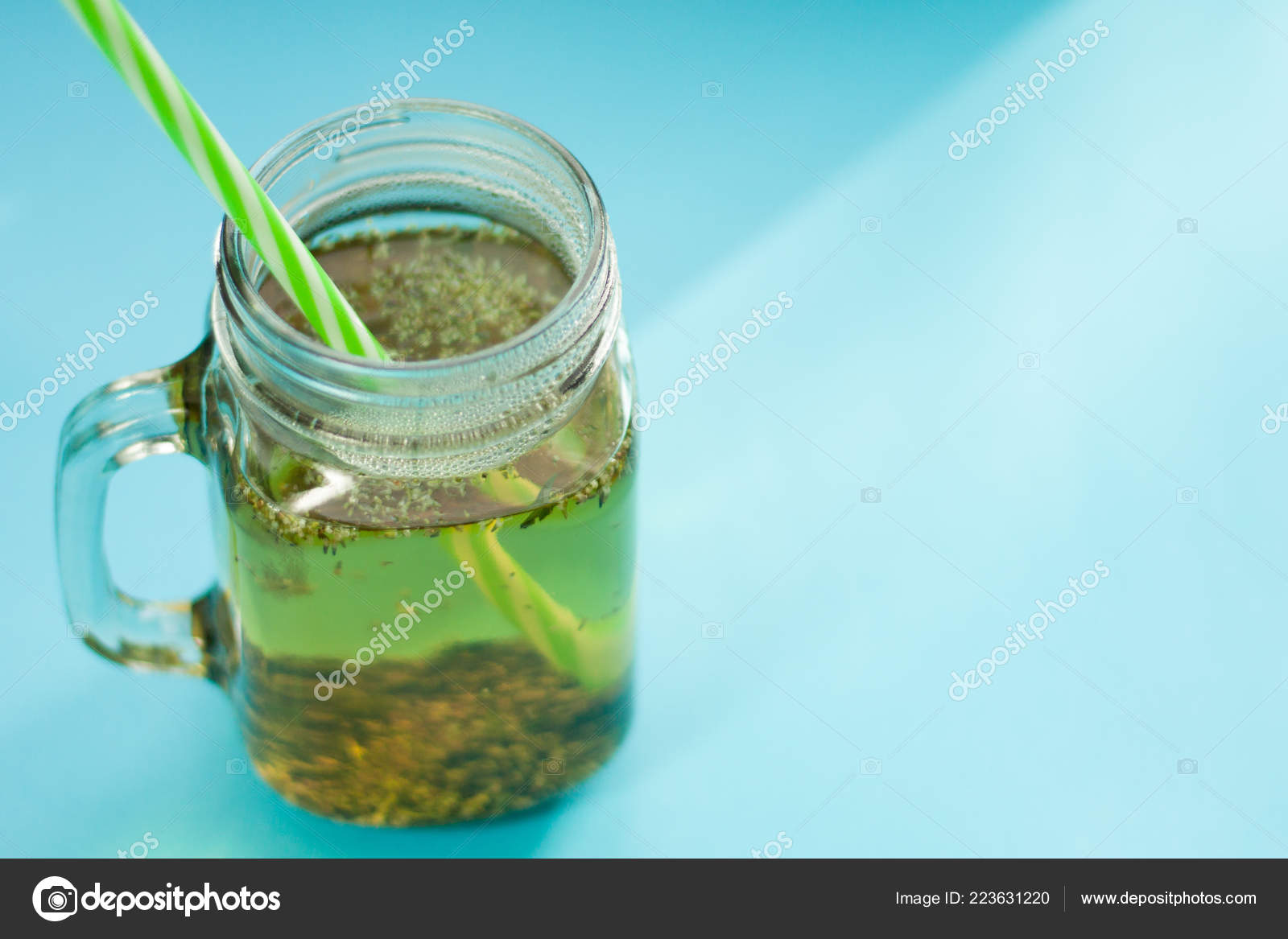Green Herbs Tea Blue Background Light Window — Stock Photo © monte_a ...