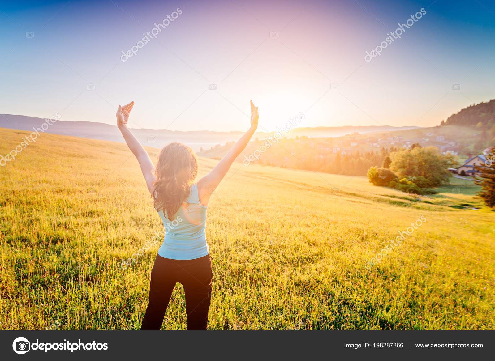 Woman Arms Raised Sky Celebrating New Day Female Enjoying Life Stock Photo by ©djedzura 198287366