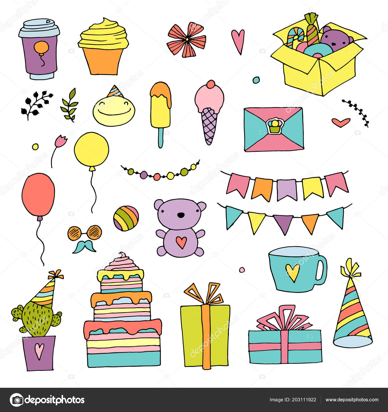 Happy birthday color doodle set. Hand drawn vector illustration. Birth ...