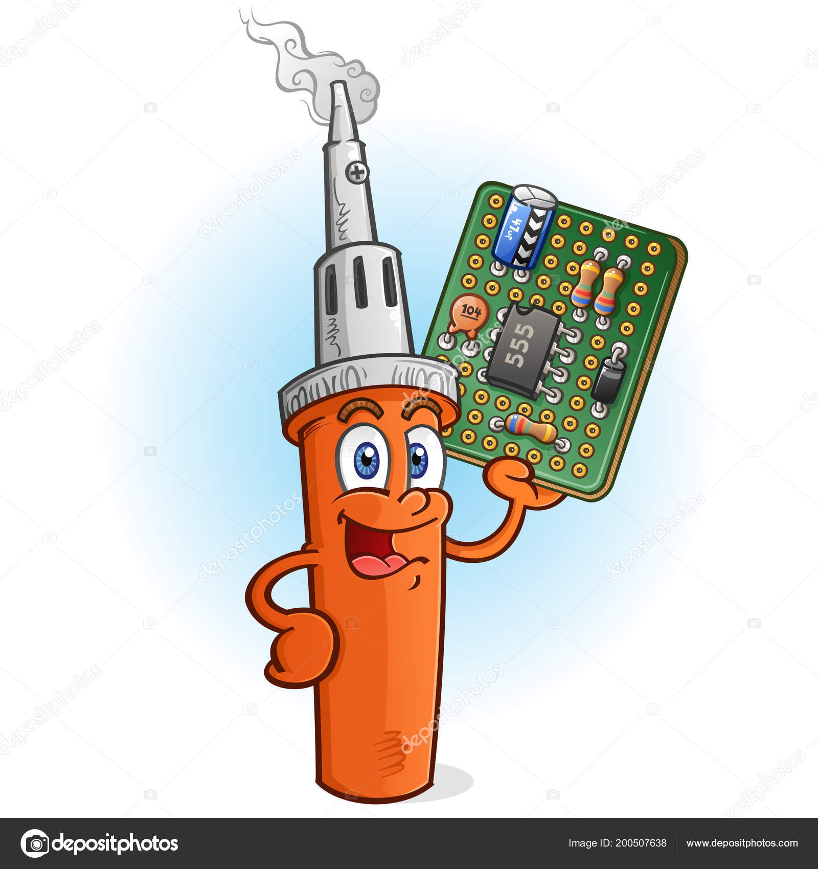 Soldering Iron Cartoon Character Holding Circuit Board Soldered ...