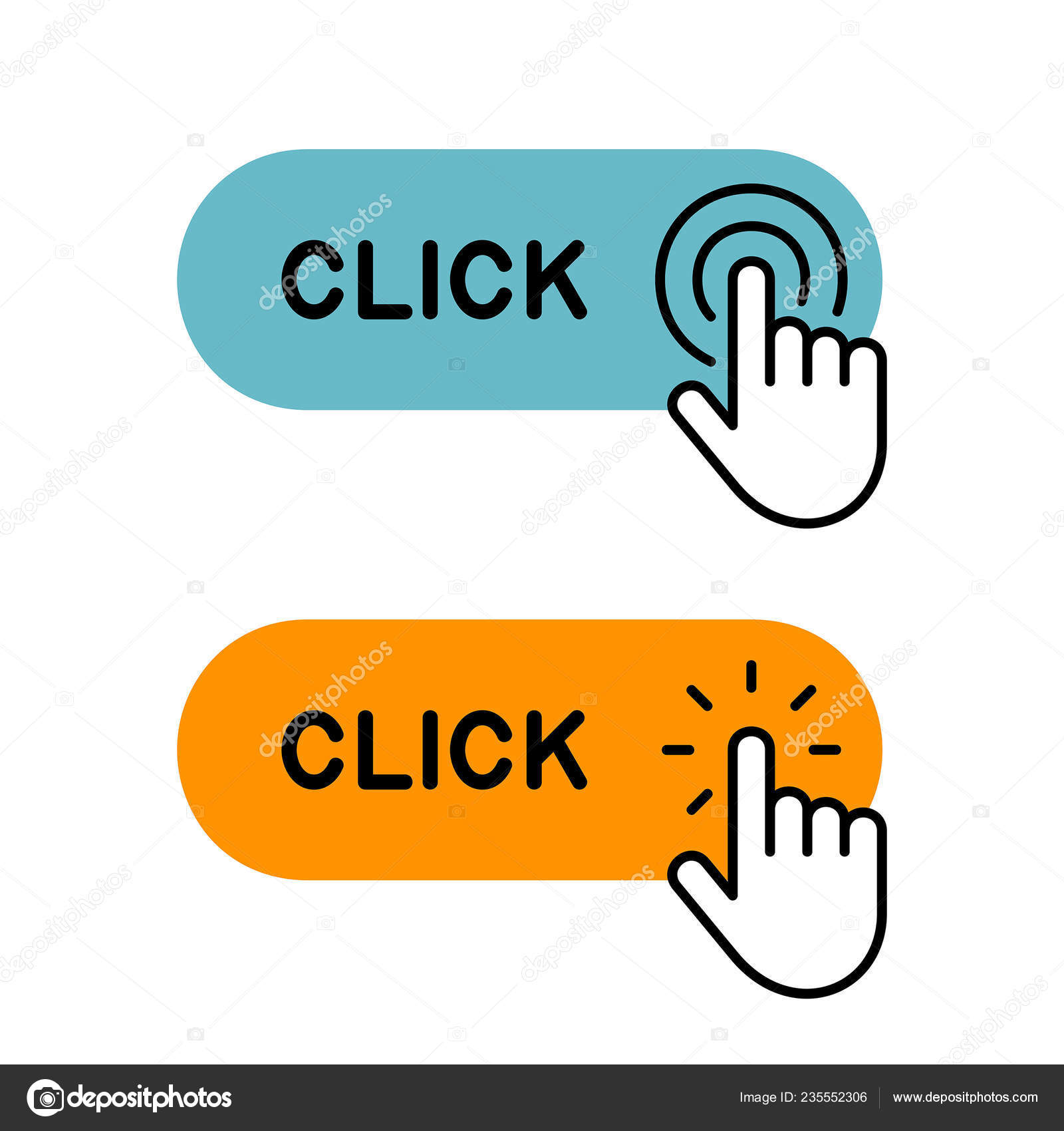 Set Click Here Button Hand Icon Isolated White Background Stock Vector ...