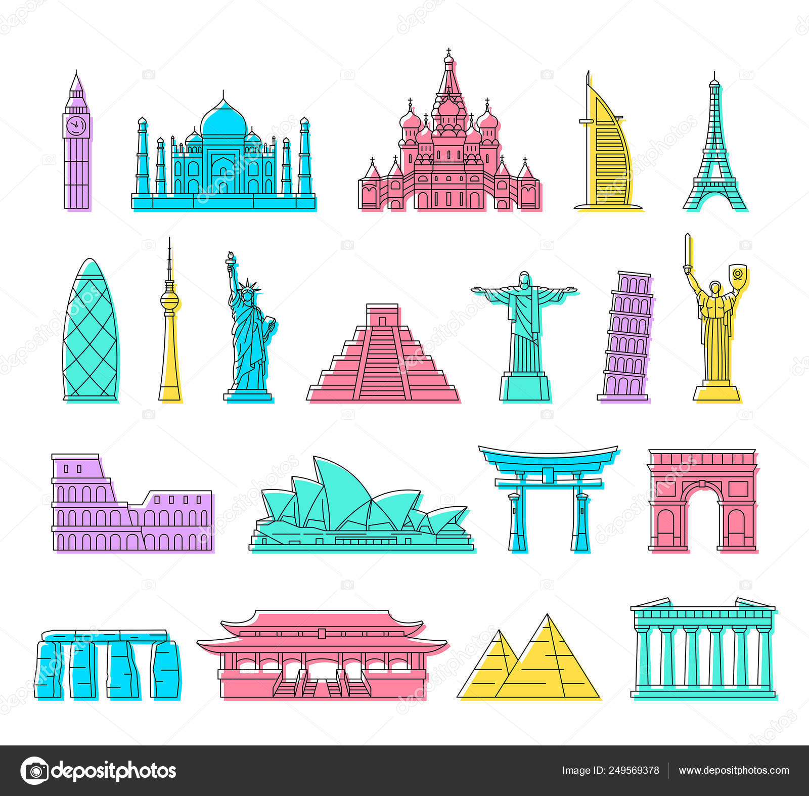 World Monuments Icons Isolated White Background Stock Illustration by ...
