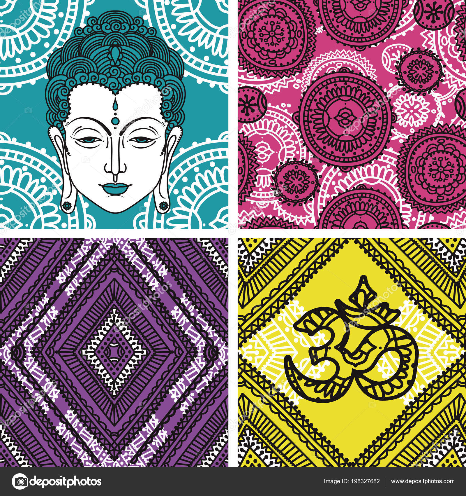 Two Cards Buddha Head Sign Two Seamless Ethnic Ornaments Vector Stock ...