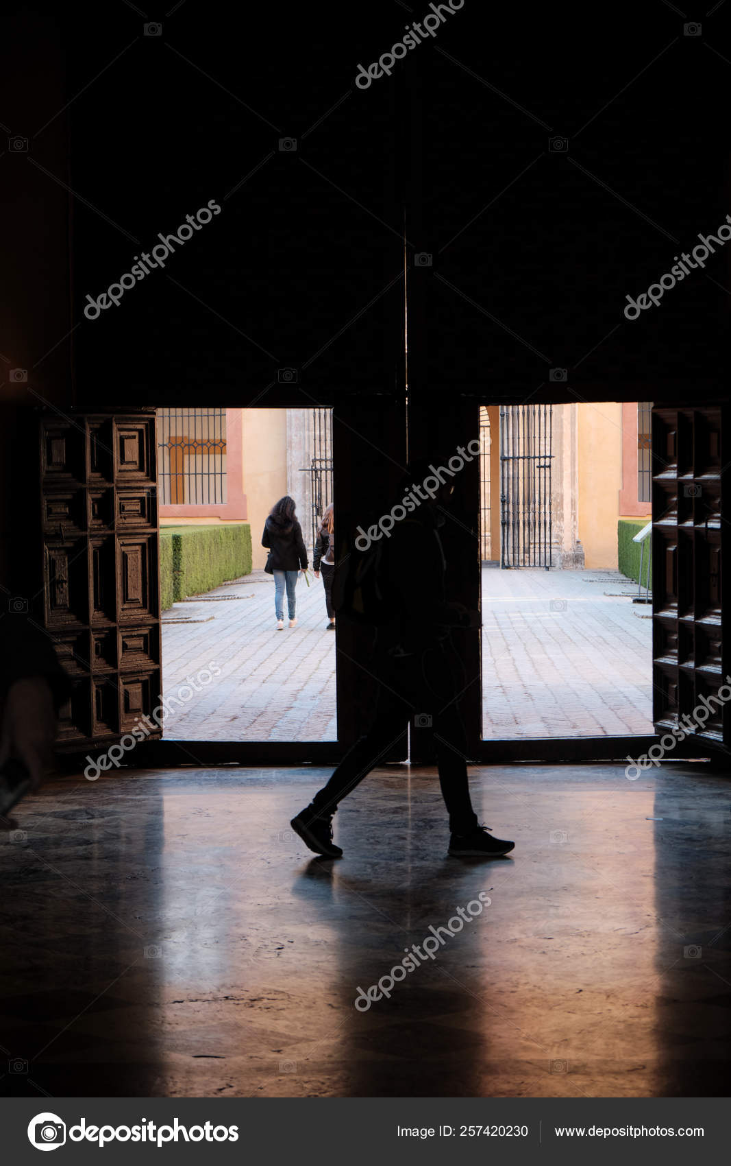 Walking stalked victim abused and stalker persecutor behind the door in ...