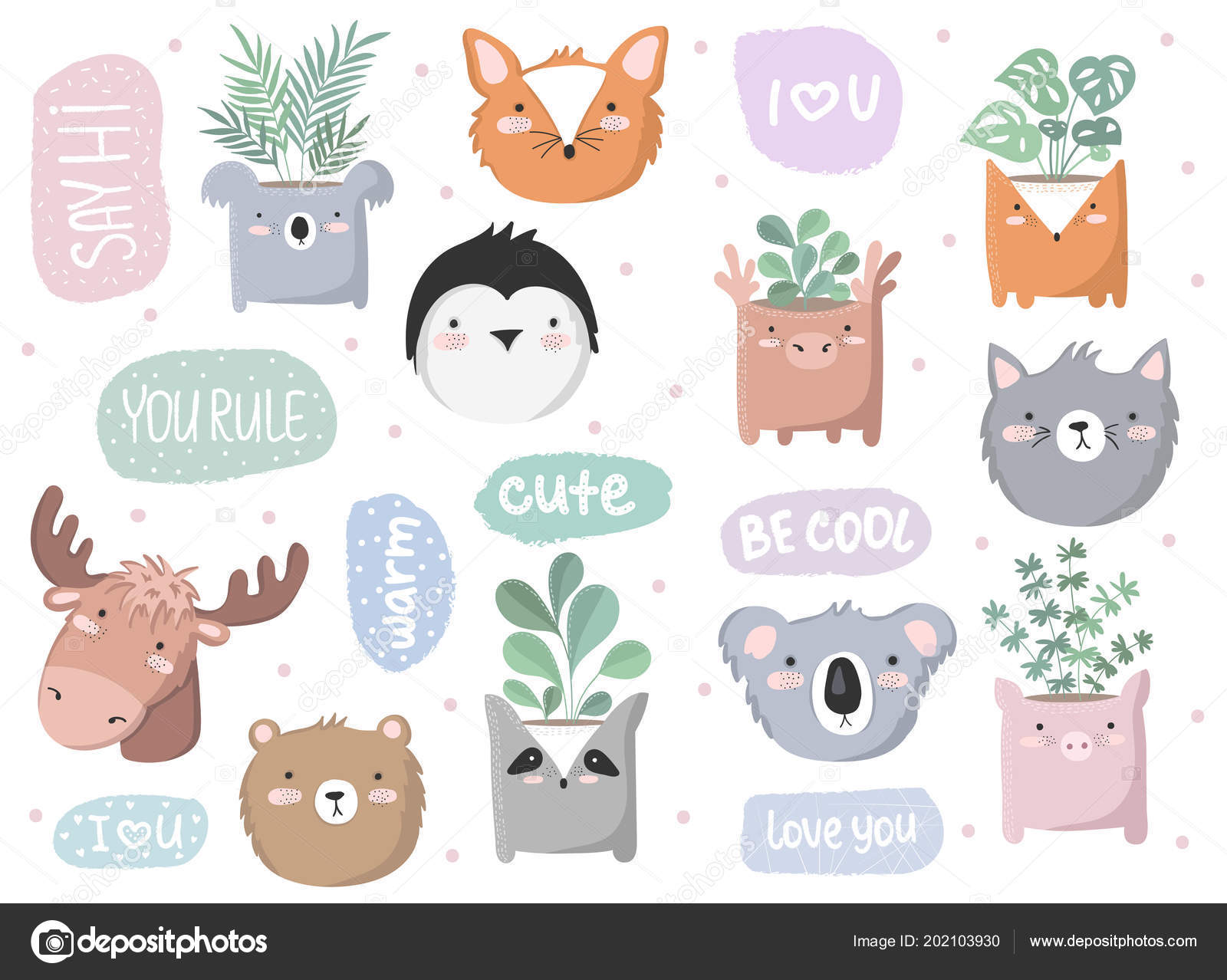 Vector Set Cute Doodle Stickers Funny Animals Text House Plants Stock ...