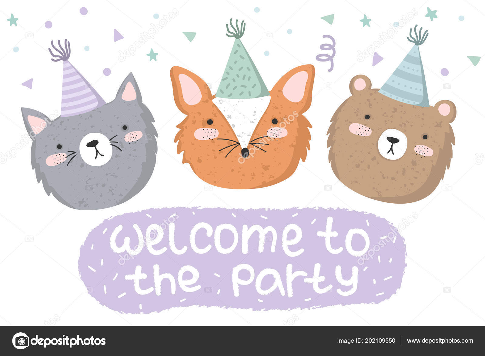 Vector Cute Poster Festive Animals Party Text Postcard Adorable Objects ...