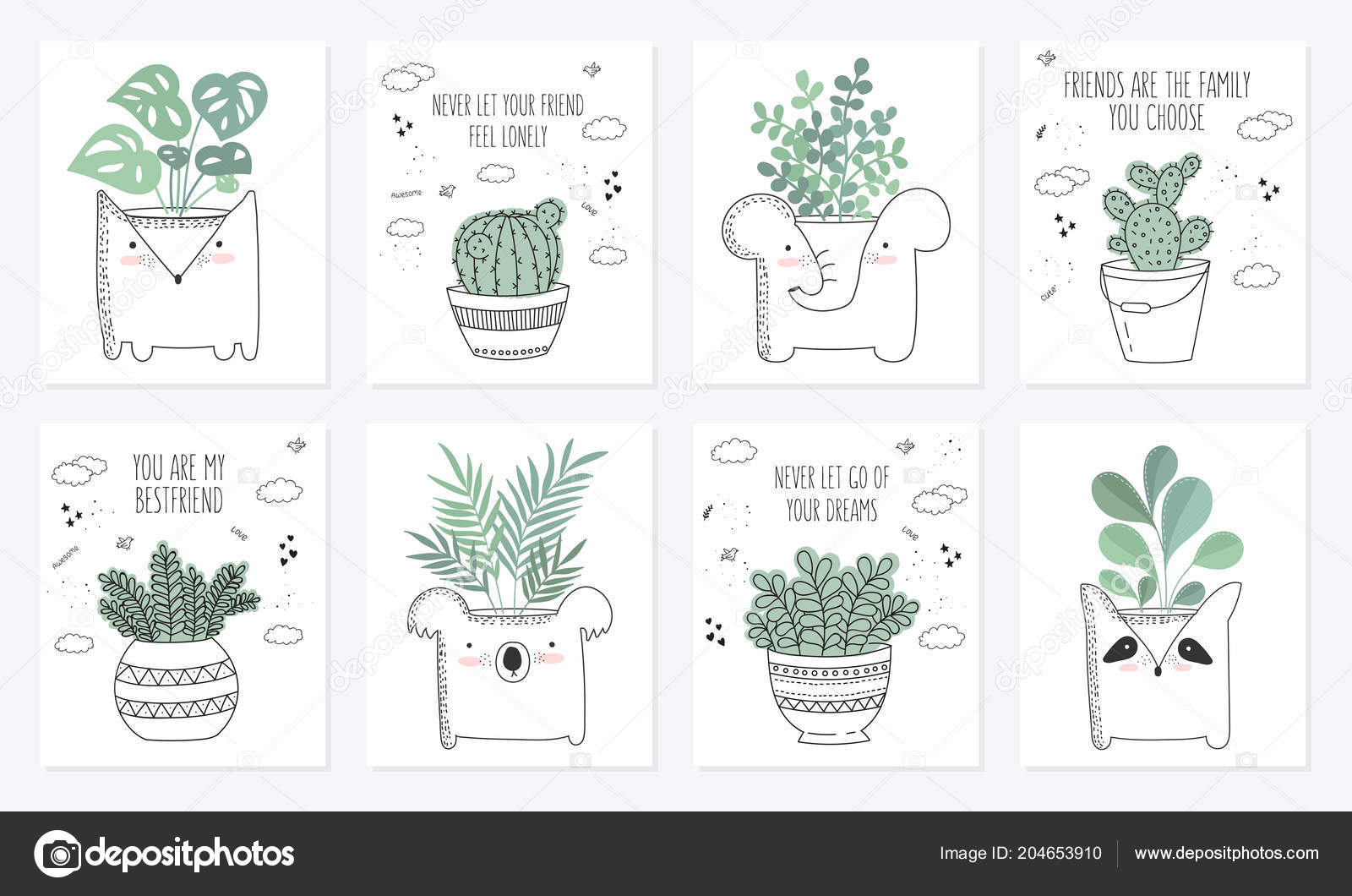 Vector Set Postcards Line Drawing House Plant Pot Slogan Friend Stock ...