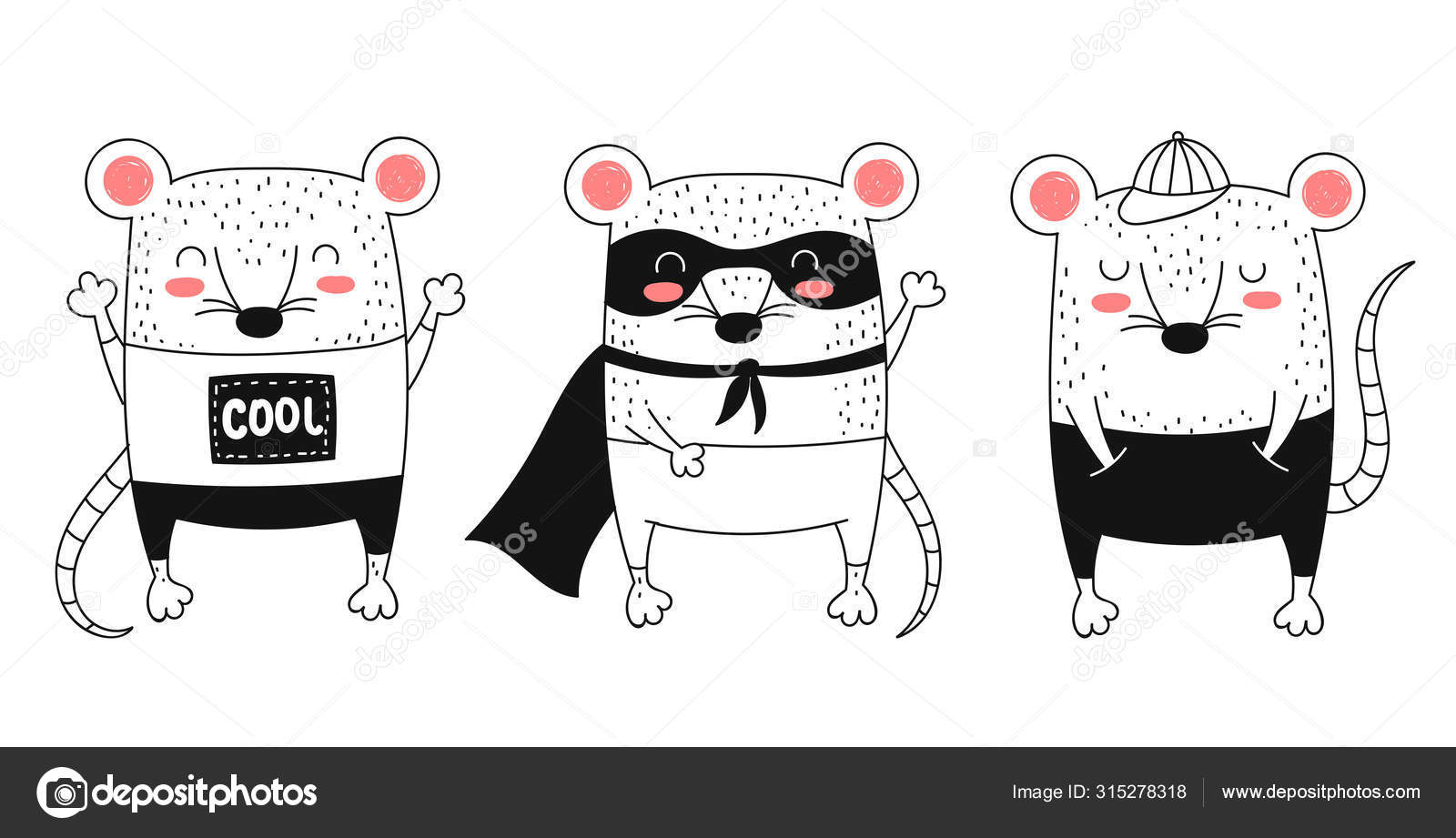 Vector line drawing cute rats. Creative collection of funny mice Stock ...