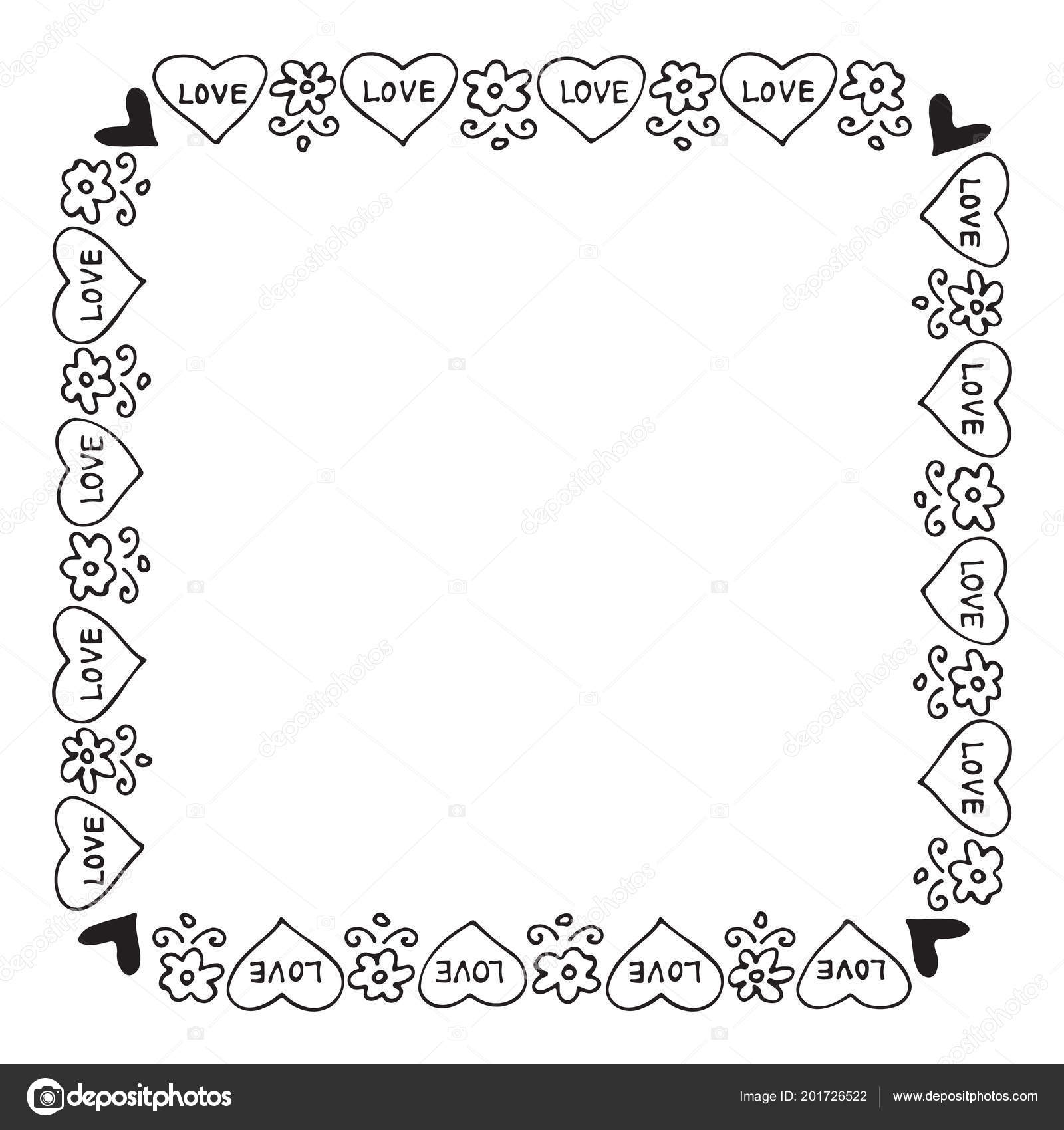 Hand Drawn Romantic Border Hearts Isolated White Background Design ...