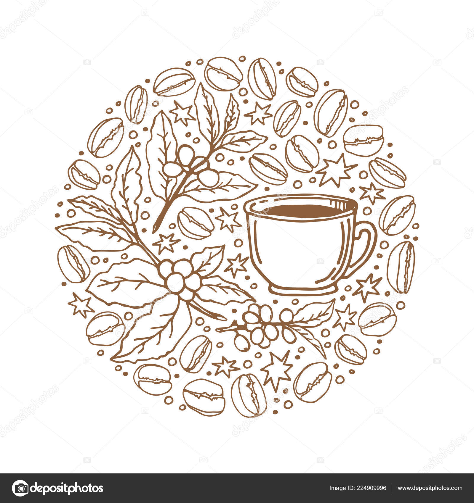 Circle Frame Coffee Cup Isolated White Background Doodle Style Design ...