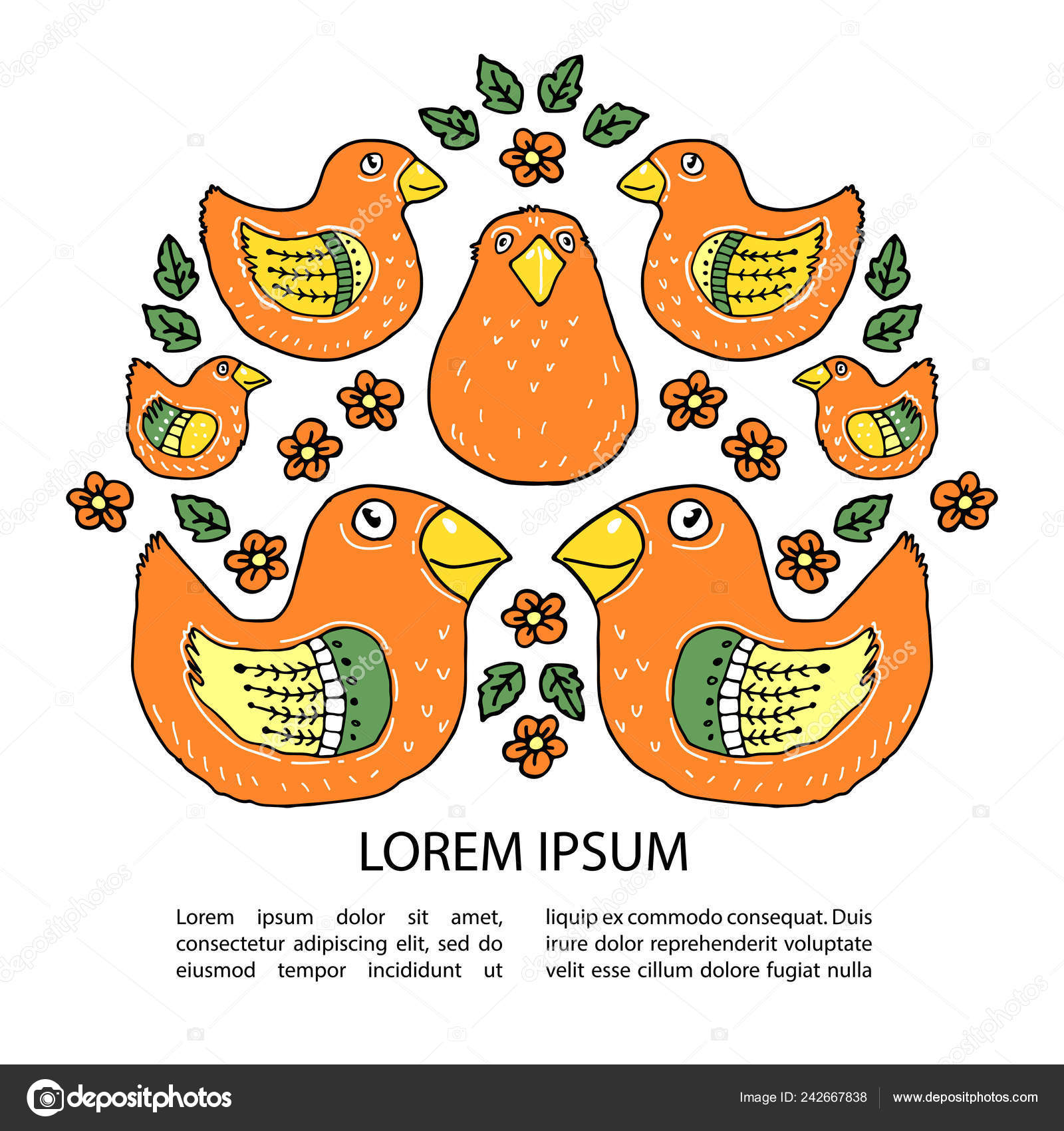 Cute Birds Text Frame Isolated White Background Hand Drawn Style Stock ...