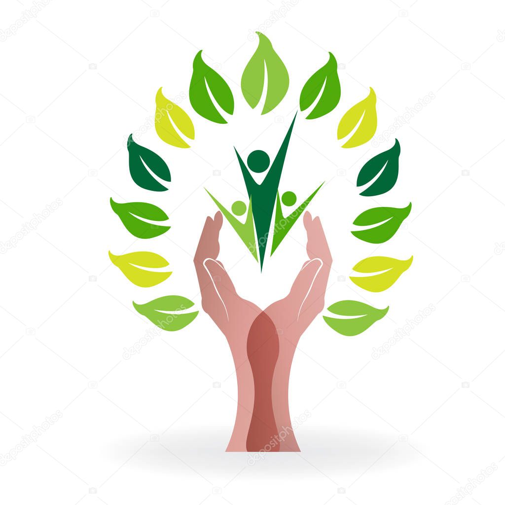 Logo árbol con manos protectoras hojas trabajo en equipo símbolo de la ...