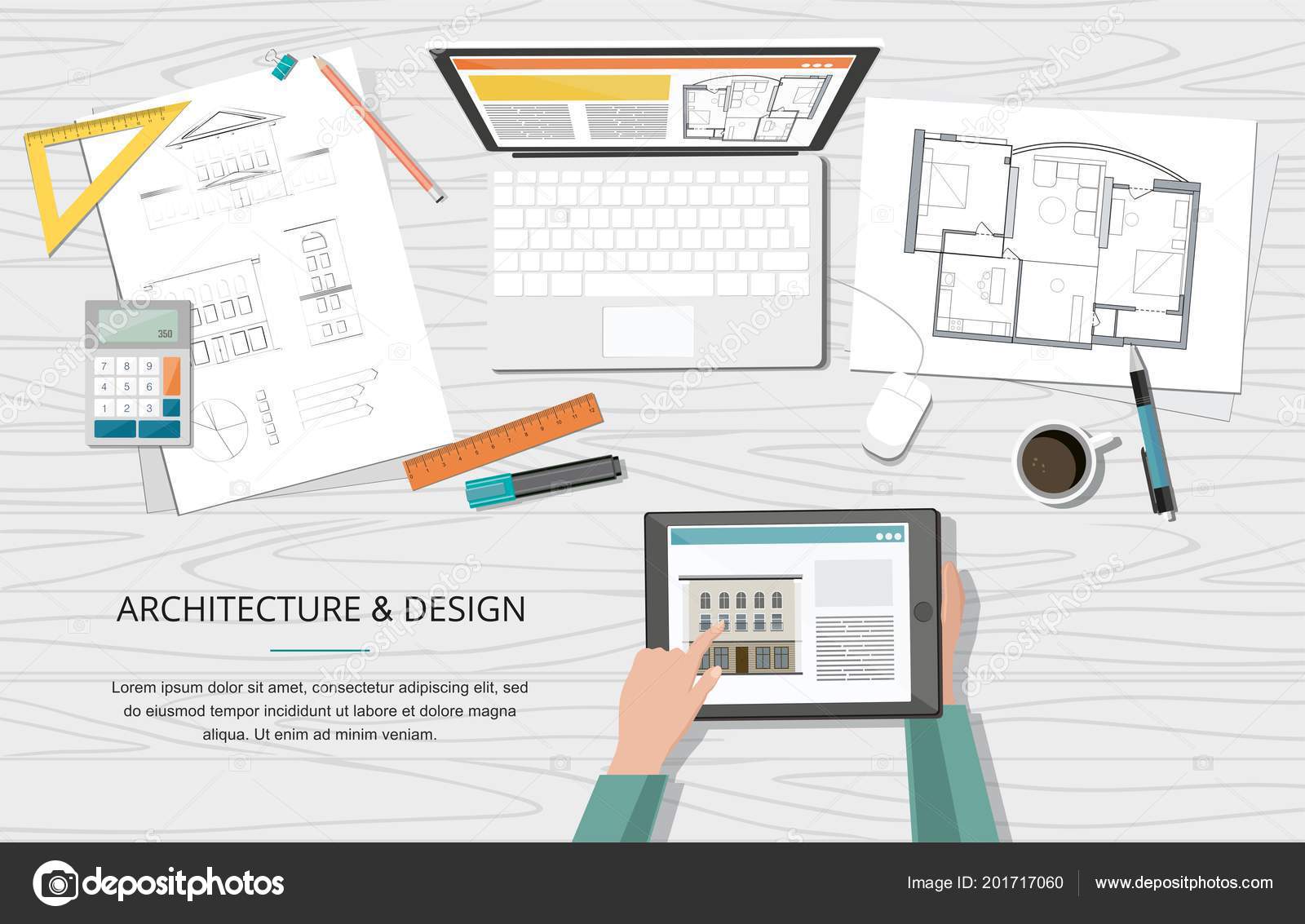 Construction project architect house plan with tools, laptop and ...