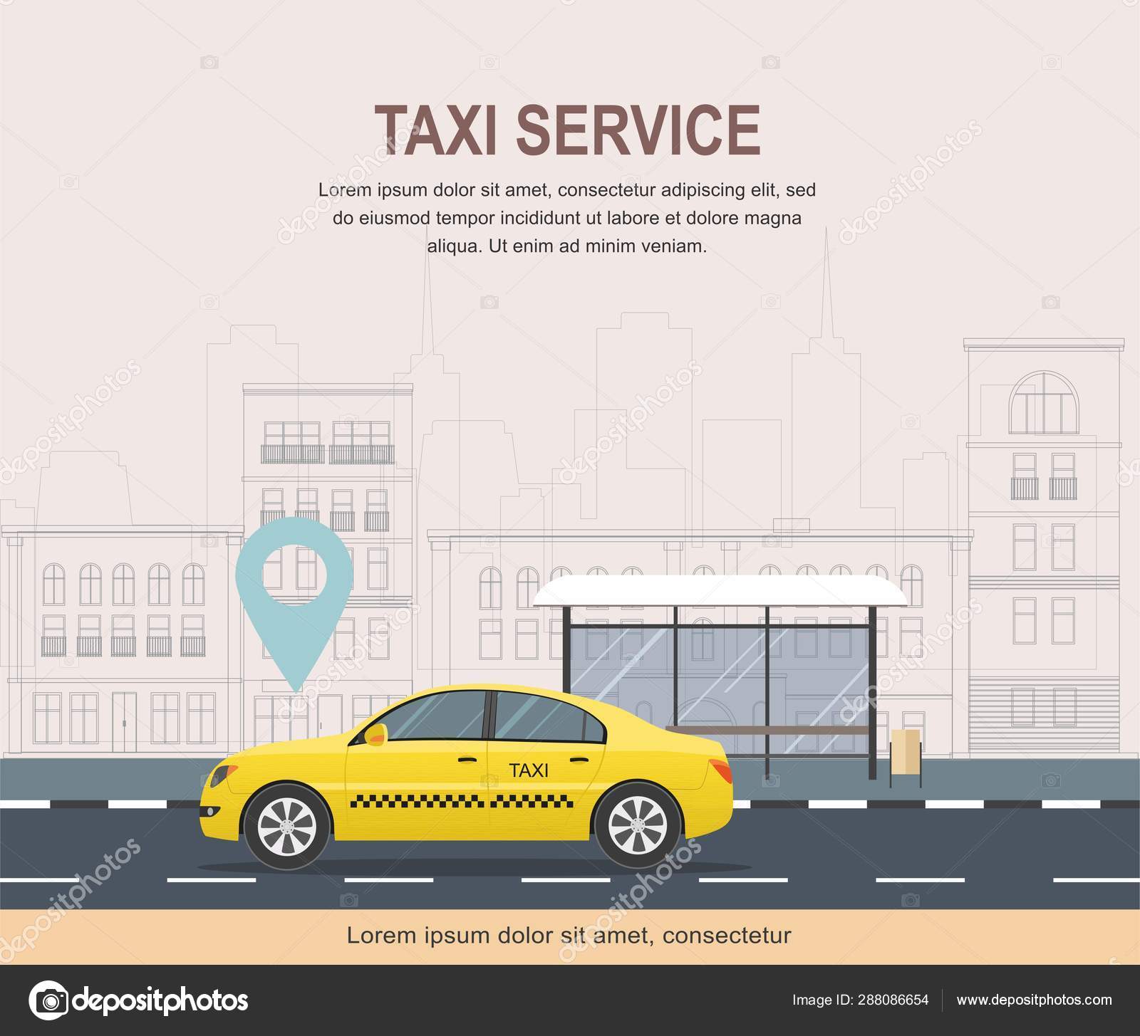 Taxi service template on background of city. Illustration Stock Vector ...
