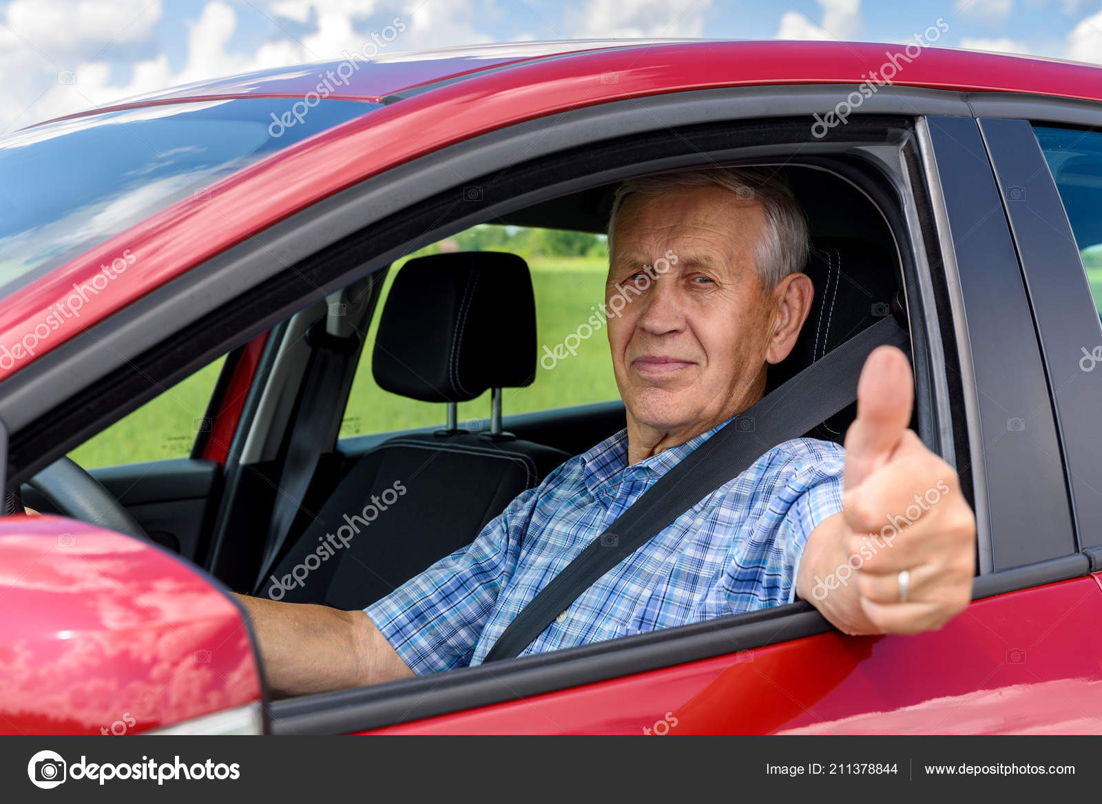 Elderly Man Driving Car Shows Thumb Concept Happy Old Age — Stock Photo ...