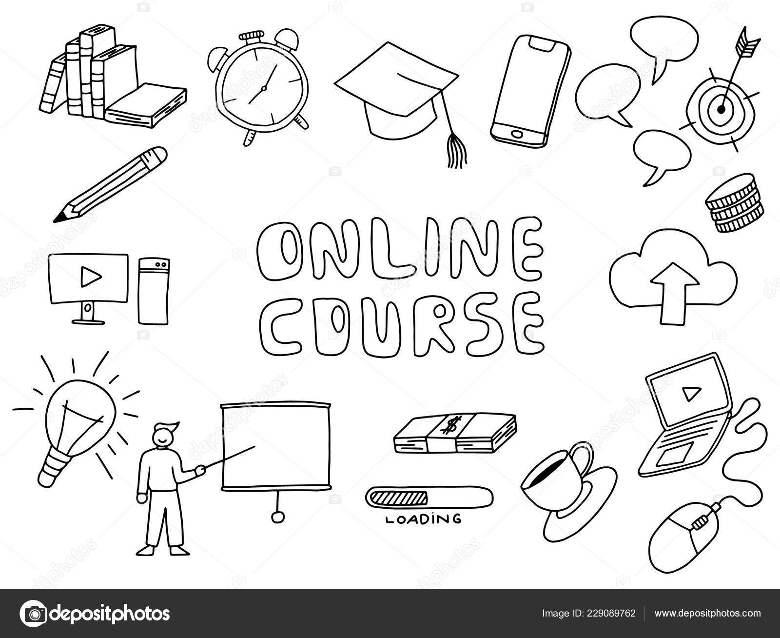 Online Course Doodle Illustration Art Paper Background Black White ...