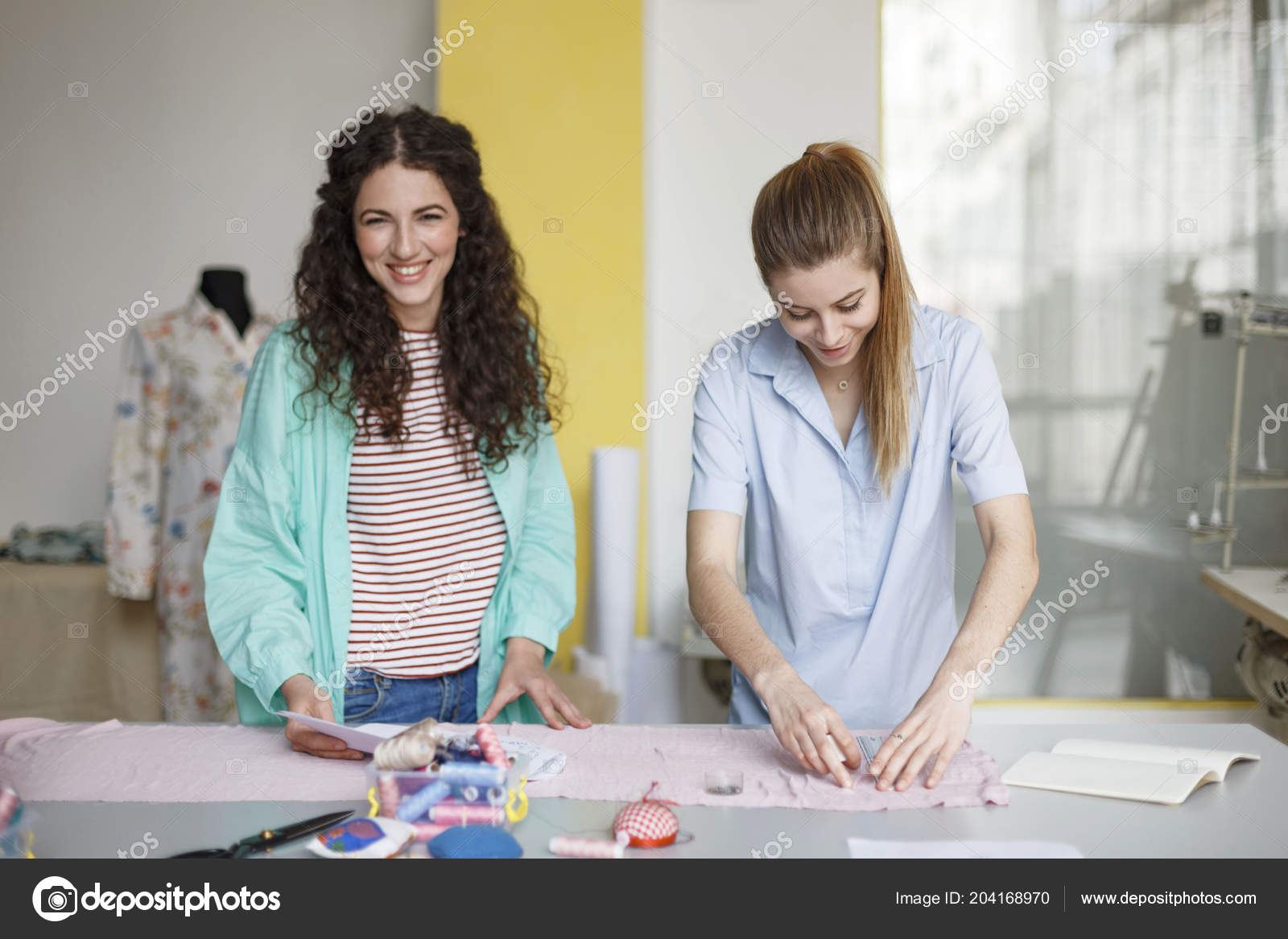 Beautiful Young Designers Happily Working Together New Textile Modern ...