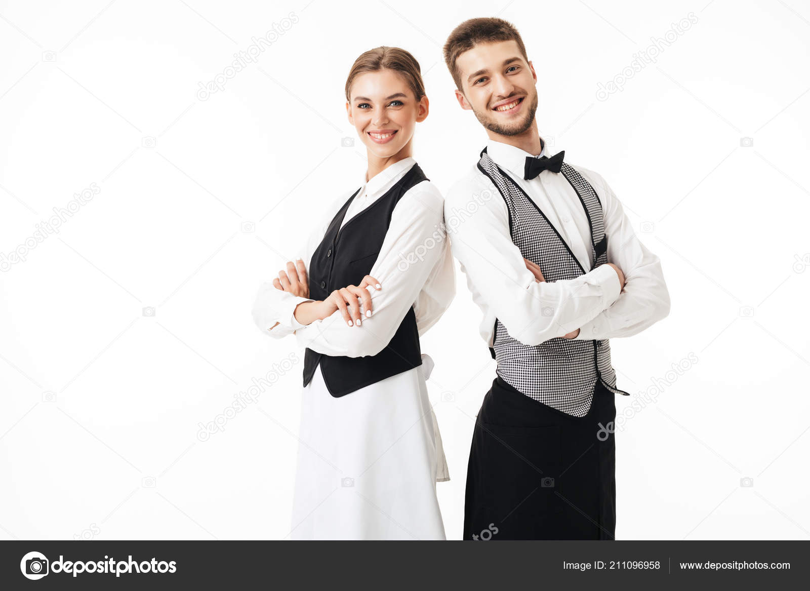 Young Smiling Waiter Waitress White Shirts Vests Sstanding Back Back ...