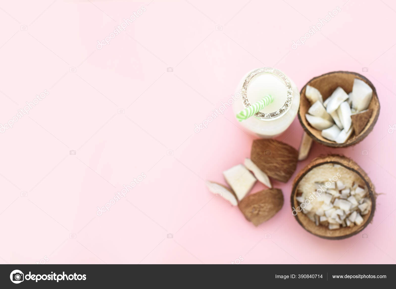 Coconut Cut Pieces Coconut Shavings Pink Background View Place Text ...