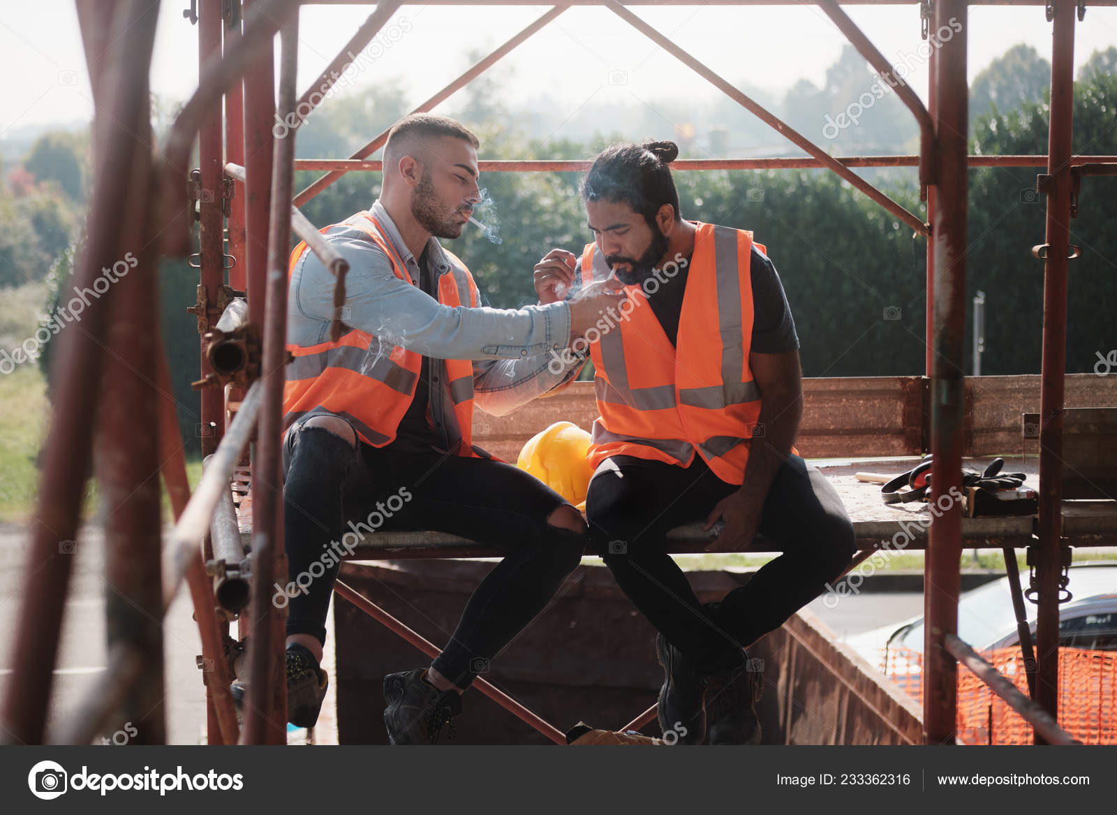 Construction Workers Smoking Cigarette And Talking On Break Stock Photo ...