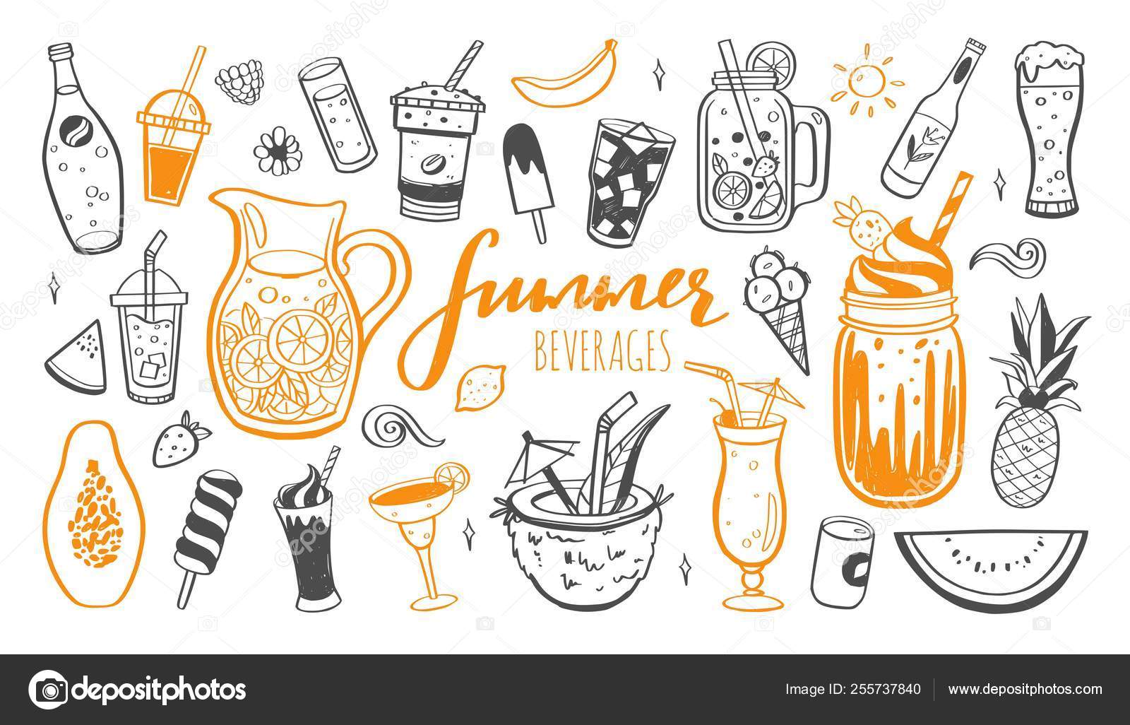 Vector hand drawn set of Cold drinks, summer cocktails and beverages ...