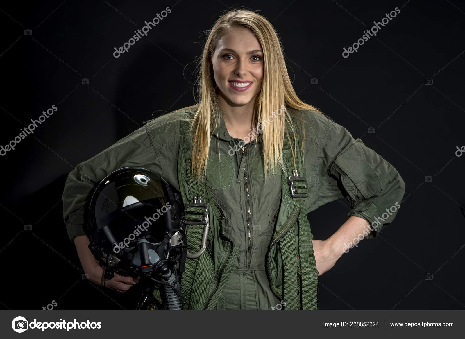Female Fighter Pilot Poses Black Background Studio Environment Stock ...